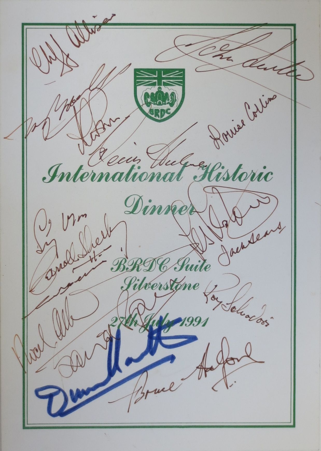 Bonhams Cars : A 1991 BRDC International Historic Dinner menu, signed ...