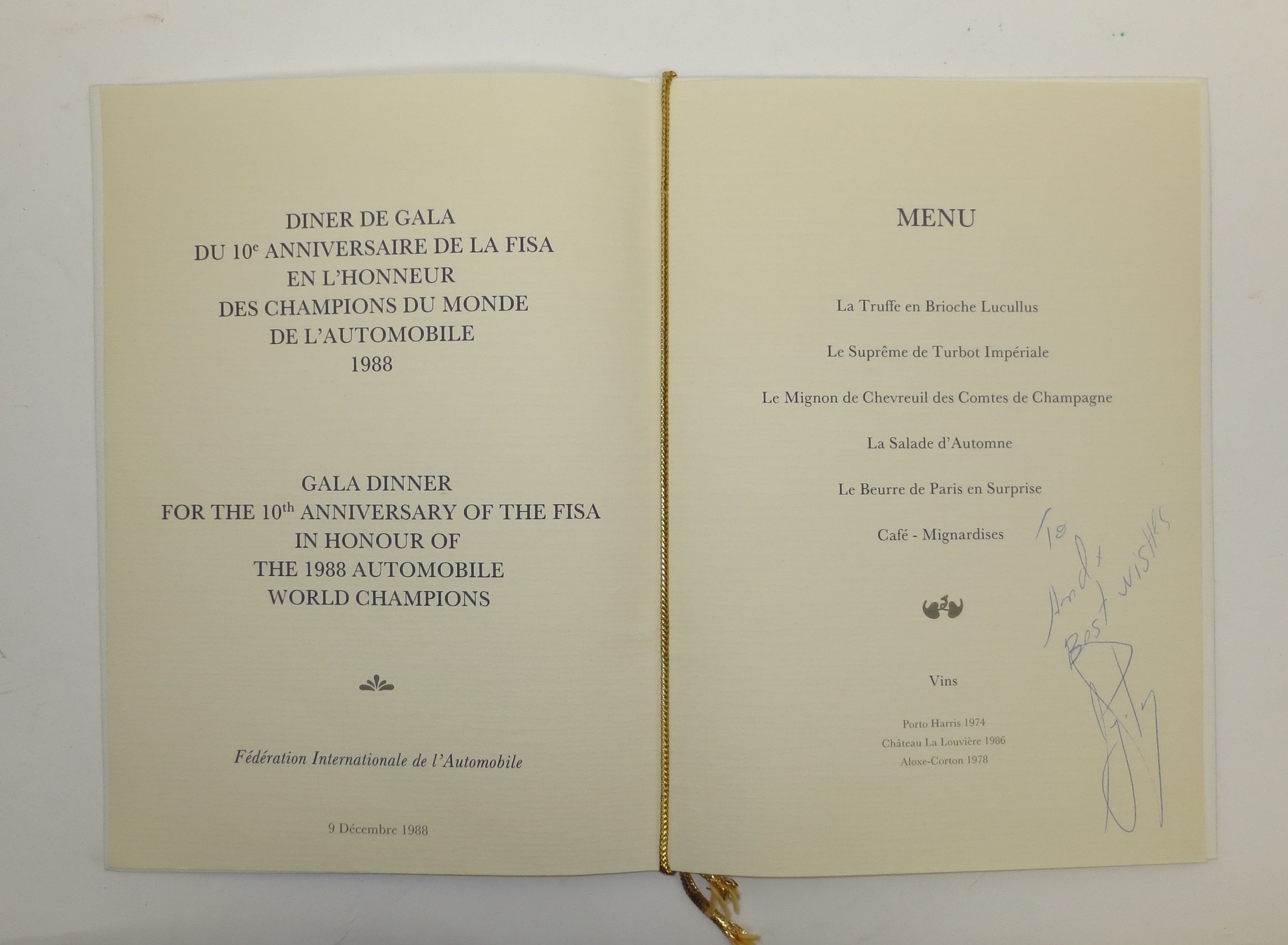 Bonhams Cars : A 1988 FIA dinner menu signed by Ayrton Senna,