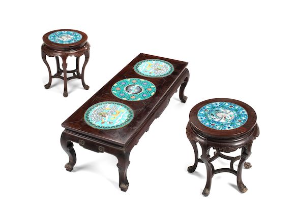 Bonhams : A hardwood cloisonné plaque-inset kang table and matching ...