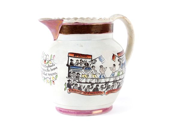 Bonhams : A pearlware pugilistic jug depicting Spring and Langan, circa ...