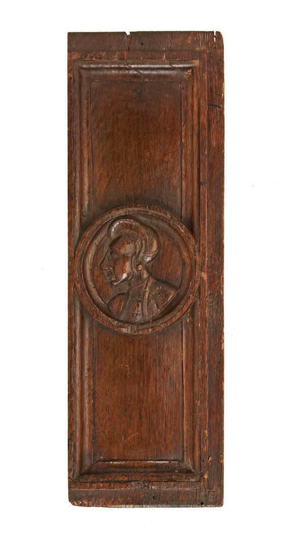 Bonhams : A set of four mid-16th century carved oak 'Romayne'-type panels, English, circa 1550