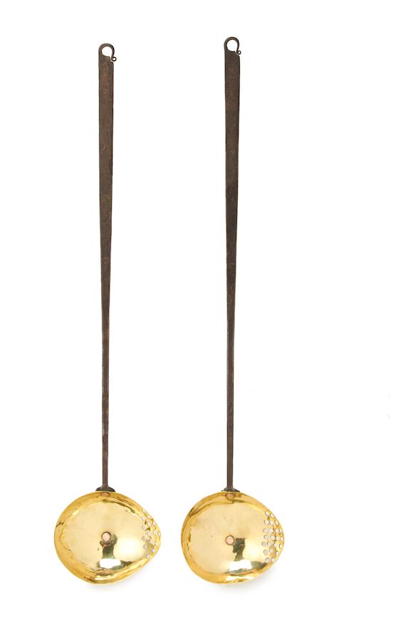 Bonhams : A pair of 19th century brass and wrought iron straining ...