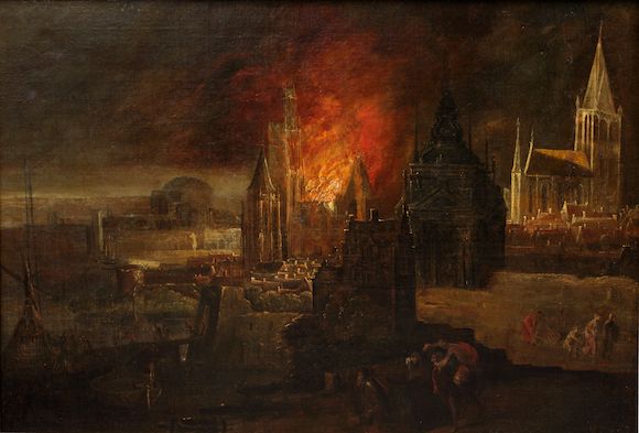 Bonhams : Flemish School, 18th Century The Fall of Troy with Aeneas ...