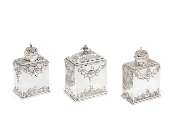 Bonhams : A matched set of three George I / II silver tea caddies the ...