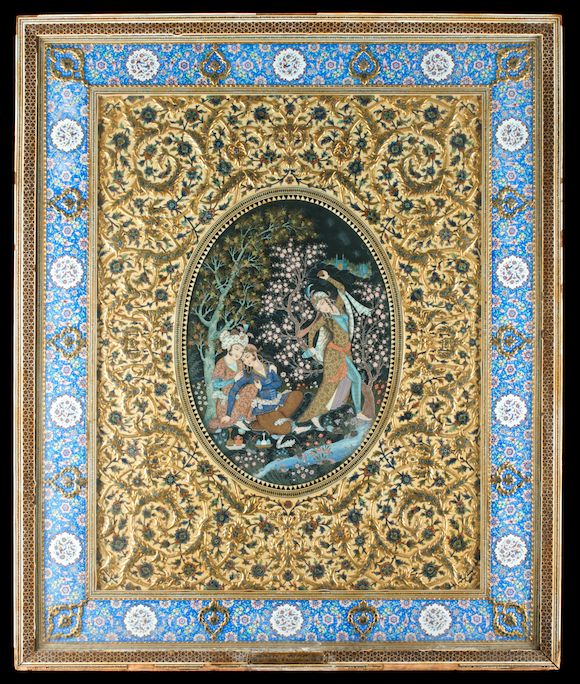 Bonhams : A prince and a maiden in a fond embrace, seated by a stream ...