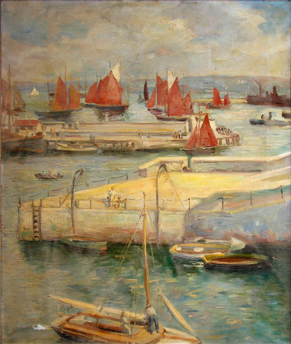 Bonhams British School 20th Century Busy Harbour Scene