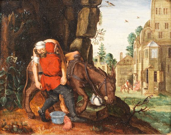 Bonhams : Flemish School, 17th Century The Good Samaritan putting the ...