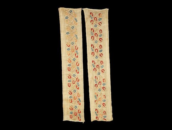 Bonhams : Two Ottoman silk-embroidered linen panels Turkey, 18th Century(2)