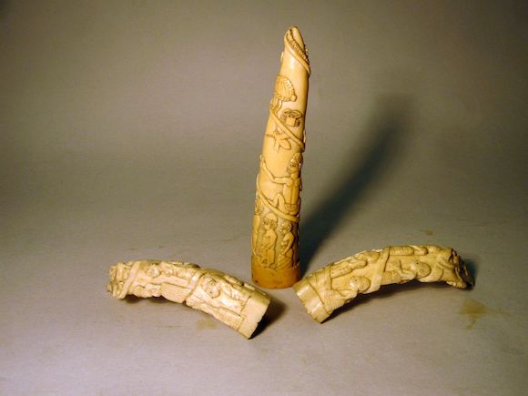 Bonhams : Three small Loango carved ivory tusks, Congo