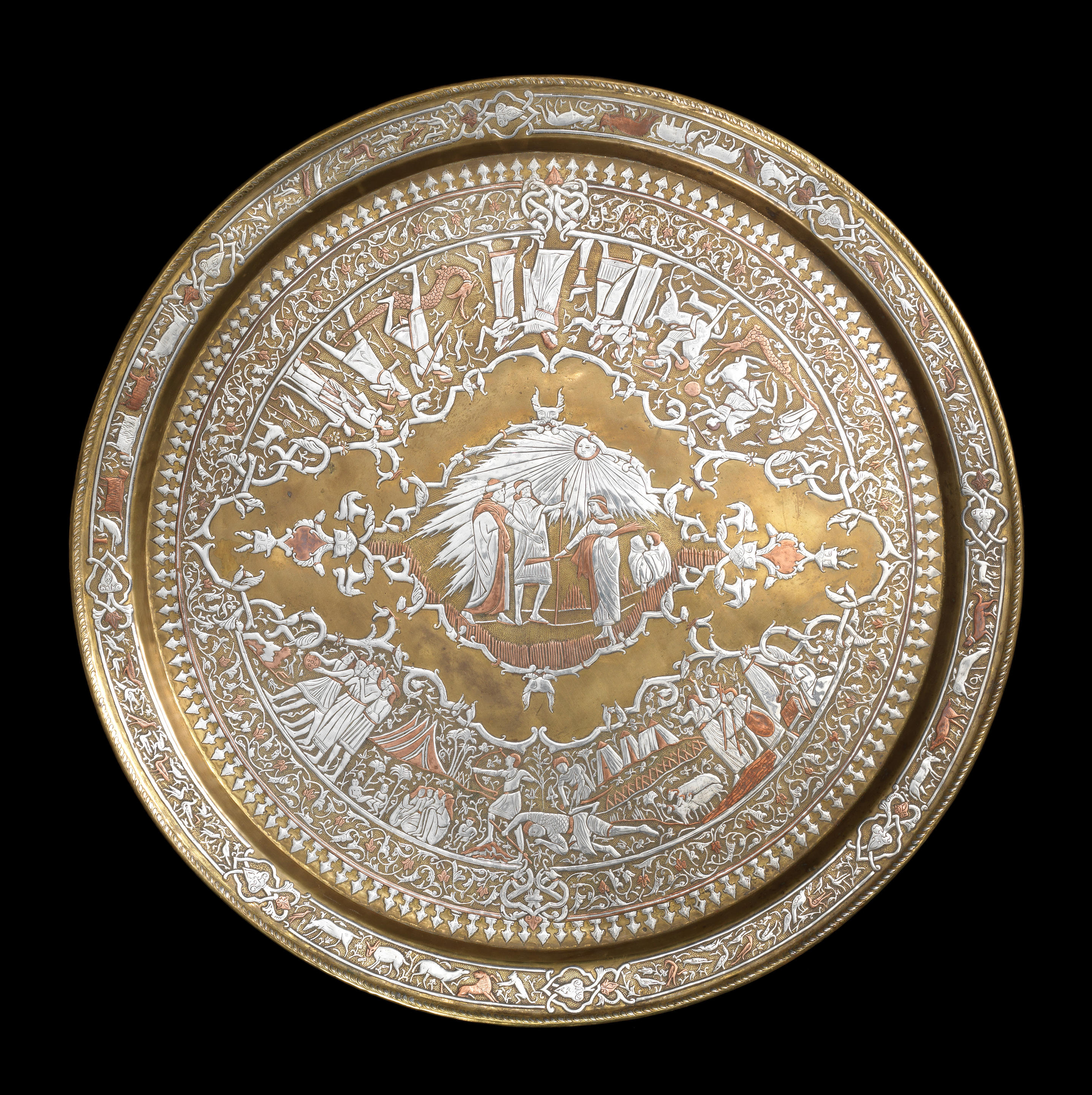 Bonhams A Silver And Copper Inlaid Brass Charger Depicting Scenes