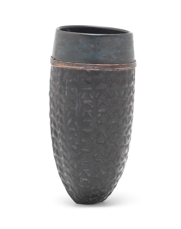 Bonhams : Anna Dickinson A Sculptural Black Glass Vase with Patinated ...