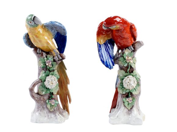 Bonhams : A pair of Dresden parrots, 20th Century