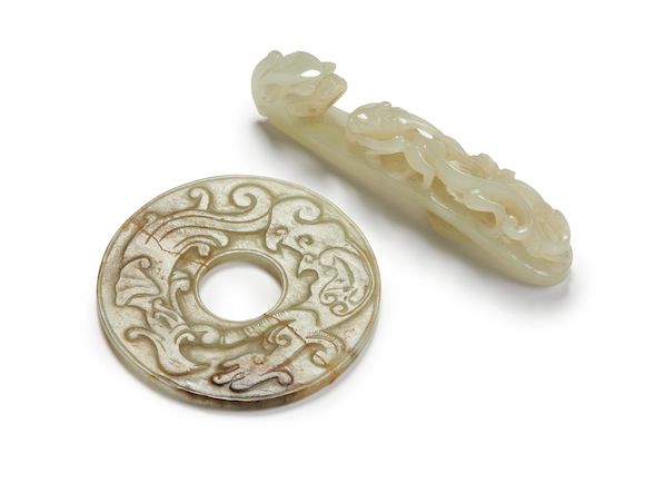 Bonhams : A jade disc, Ming dynasty and a jade belt hook, 19th century