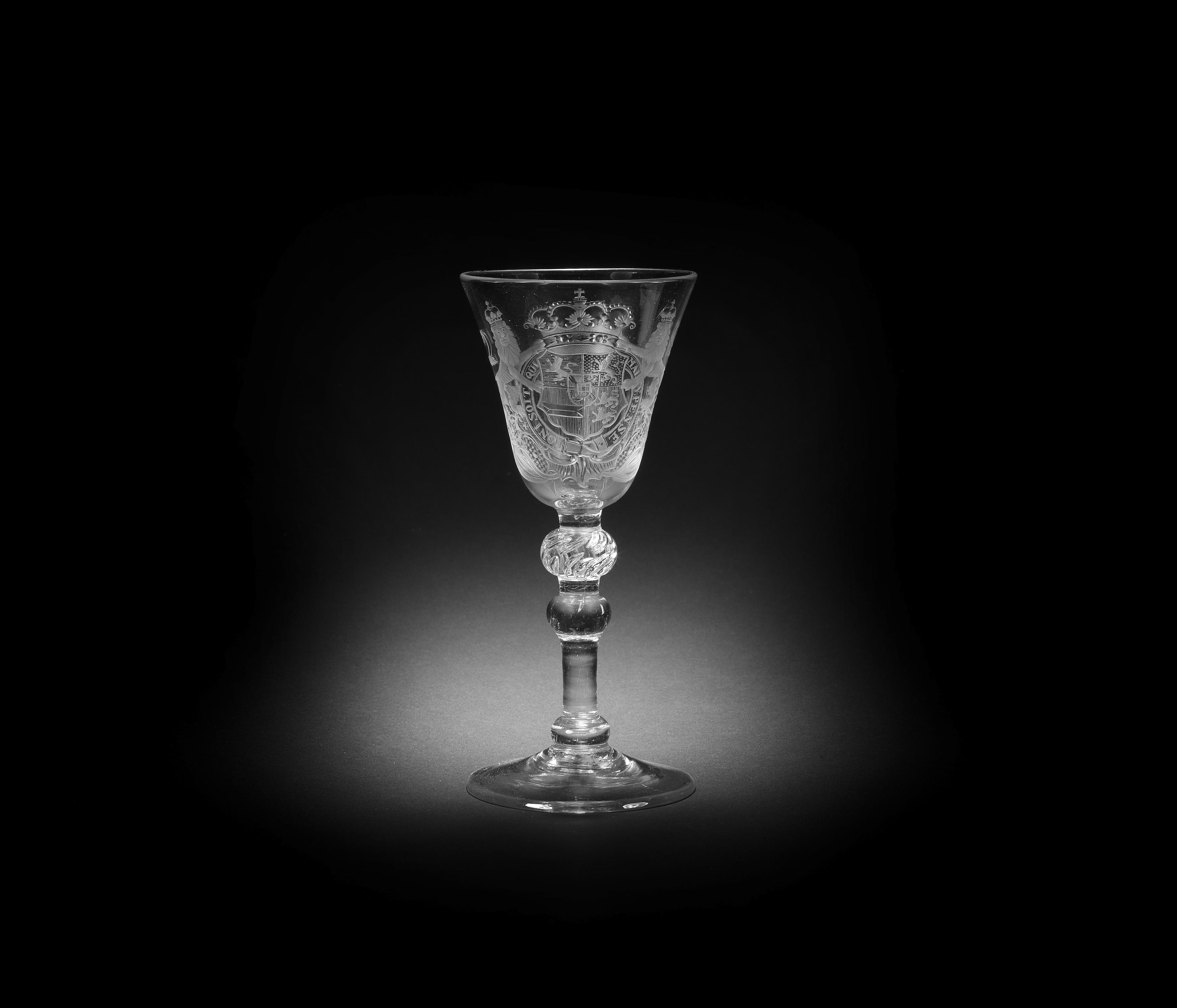 Bonhams A Dutch Engraved Royal Armorial Light Baluster Wine Glass By