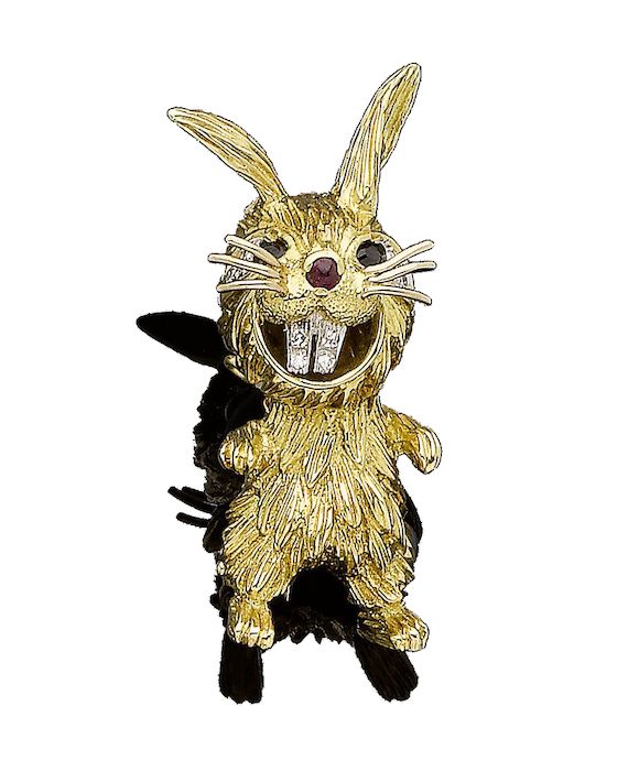 Bonhams : A gold and gem-set rabbit brooch/pendant, by Kutchinsky, (2)