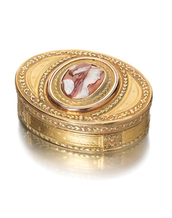Bonhams : A Louis XV vari-coloured gold snuff box by Charles Dallemagne ...