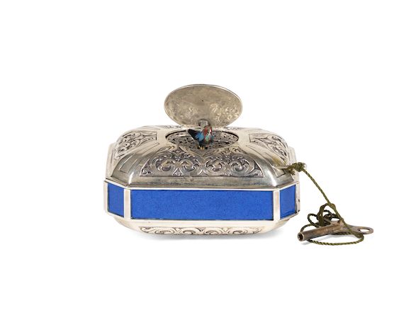 Bonhams : A silver and blue enamel signing bird box, German, early 20th ...