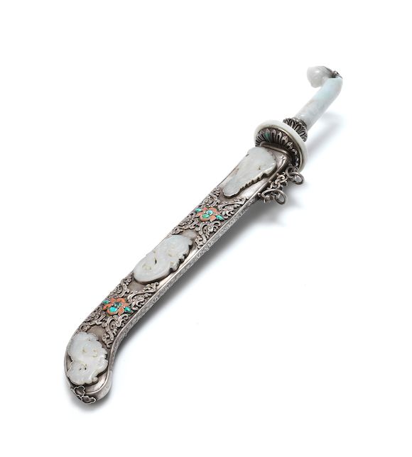 Bonhams : A silver alloy and jade, jadeite, coral and turquoise-inlaid ...