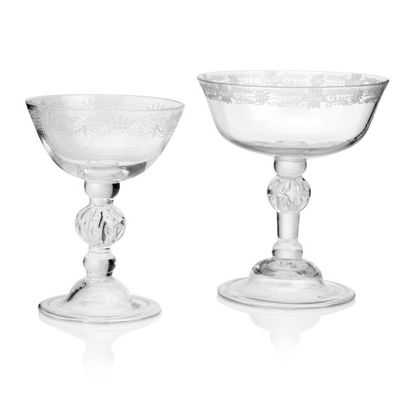 Bonhams : Two engraved sweet meat glasses Circa 1750