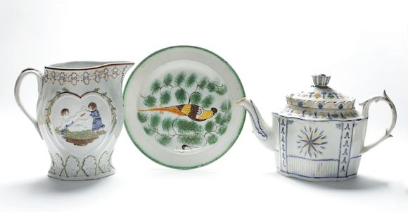 Bonhams : A Prattware jug and teapot and cover and a creamware plate ...