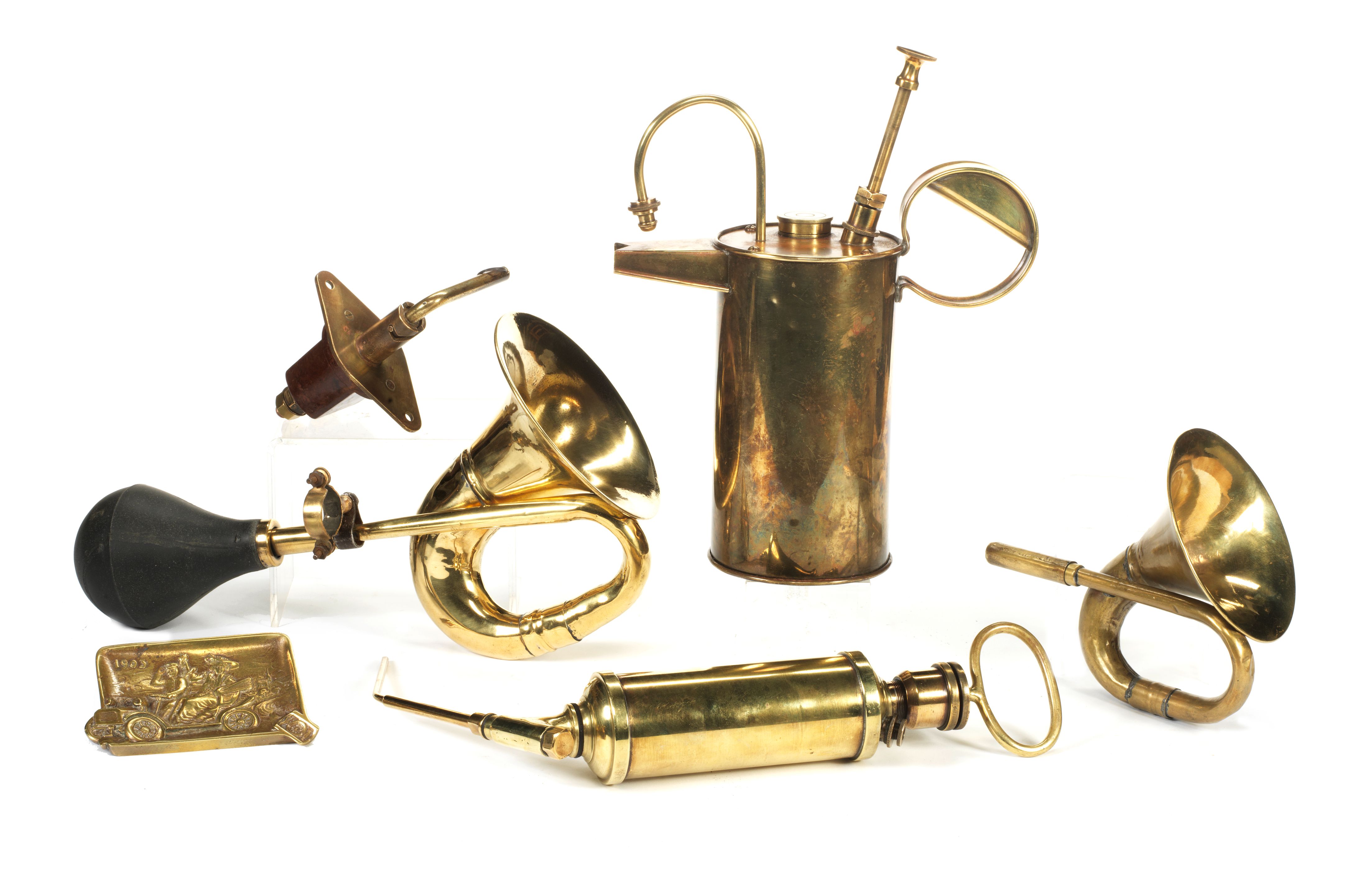 Bonhams Cars : An interesting brass oil can with pump, ((6))