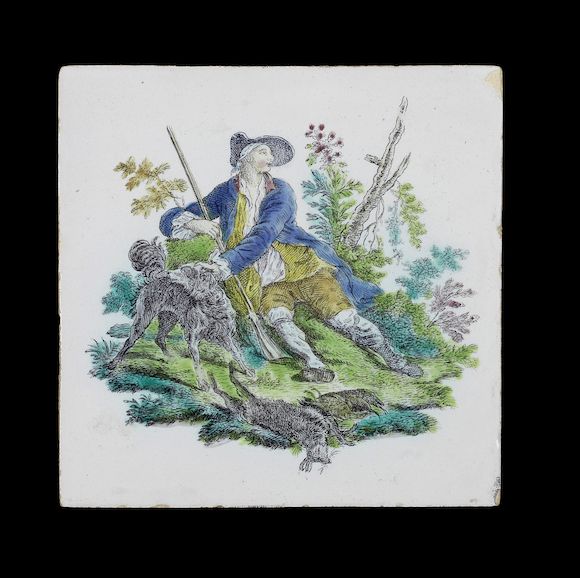 Bonhams : A very rare Liverpool delftware coloured printed tile, circa ...