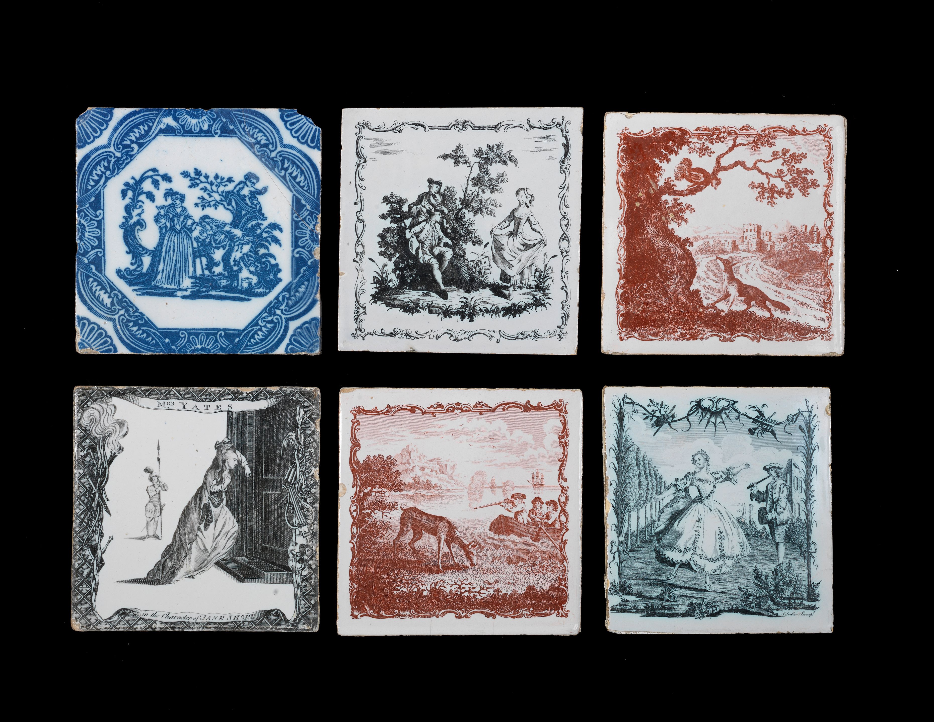 Bonhams : Six Liverpool printed delftware tiles, circa 1756-80