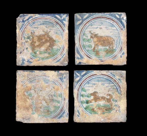 Bonhams : Four London Delftware paving tiles, circa 1580-1620
