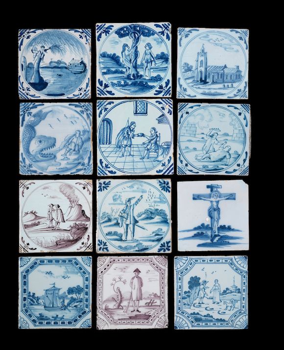 Bonhams : Thirteen English delftware tiles, circa 1740-1780