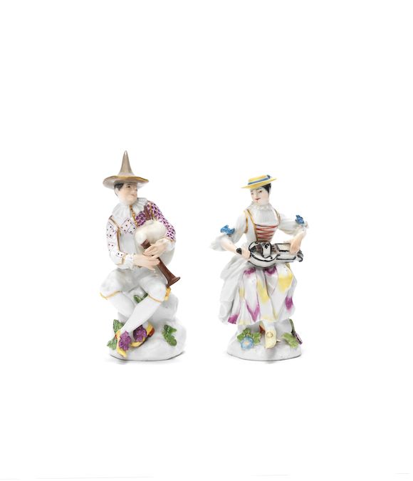 Bonhams : A pair of Meissen figures of Columbine and Harlequin playing ...
