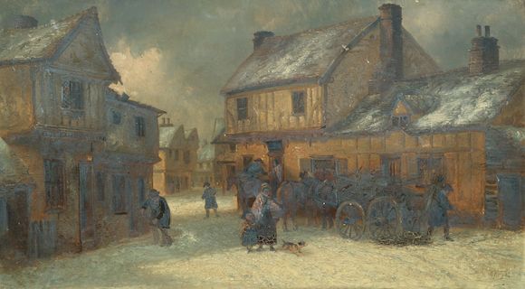 Bonhams : Thomas Smythe (British, 1825-1906) Figures in a snowy street ...