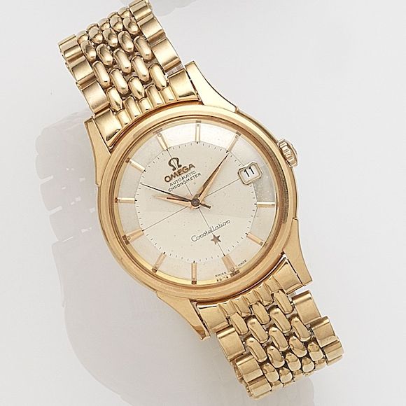 Bonhams : Omega. An 18ct gold automatic calendar bracelet watch ...