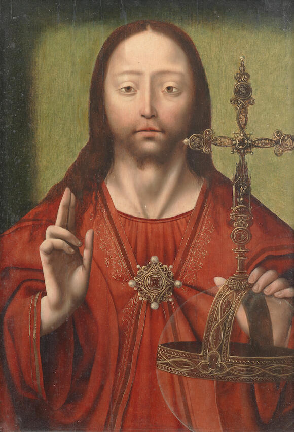 Bonhams : Circle of Joos van Cleve (Cleve circa 1485-circa 1540 Antwerp) Christ as Salvator Mundi