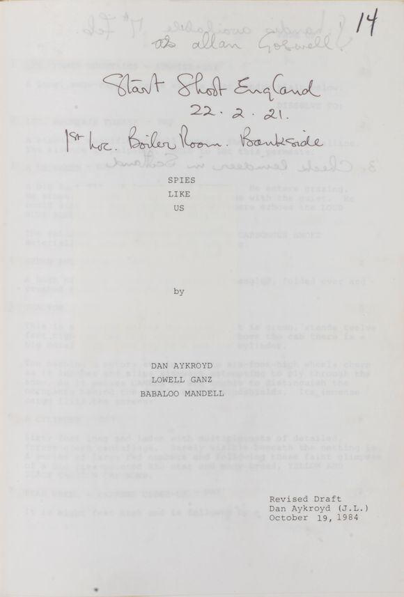 Bonhams : Spies Like Us: A revised script, Warner Bros., 1984,