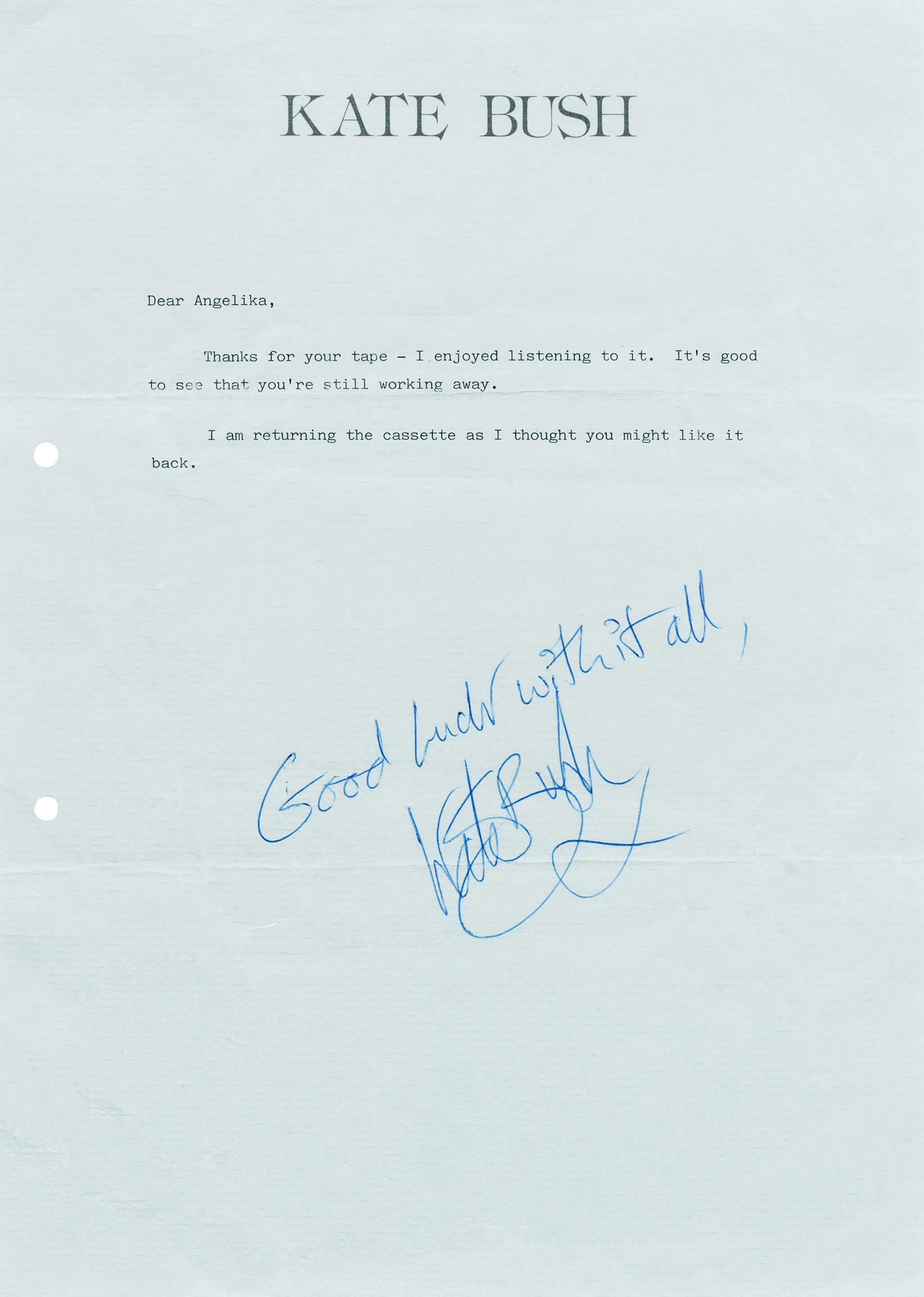 Bonhams : Kate Bush A laminated letter signed by Kate Bush,