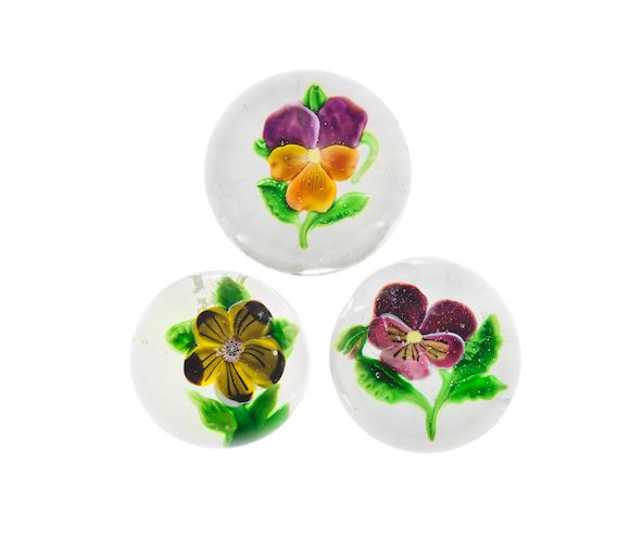 Bonhams : Two pansy paperweights and another flower paperweight, French ...