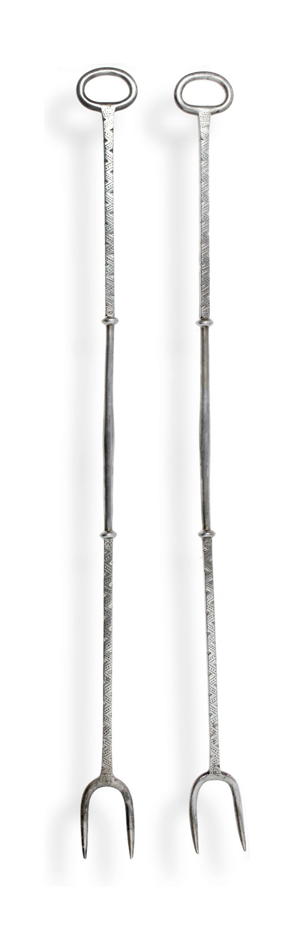 Bonhams : A pair of polished steel twin tine log forks (2)