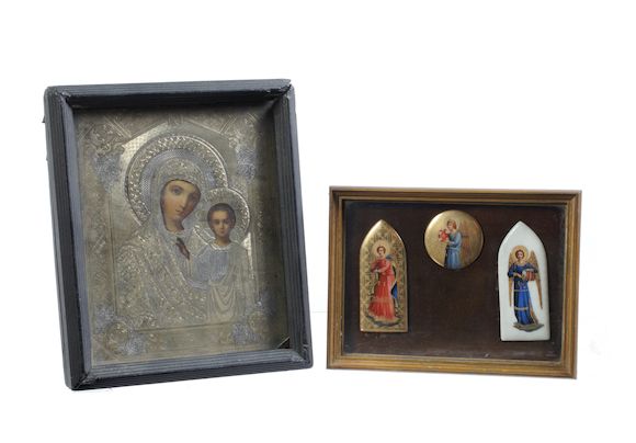 Bonhams : A religious icon and a framed set of three porcelain plaques