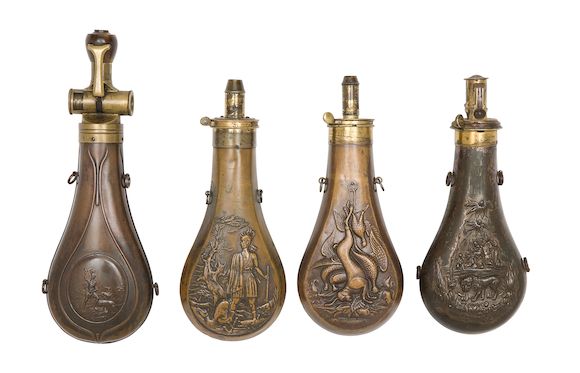 Bonhams : Six French Brass-Mounted Powder-Flasks For Antique Longarms