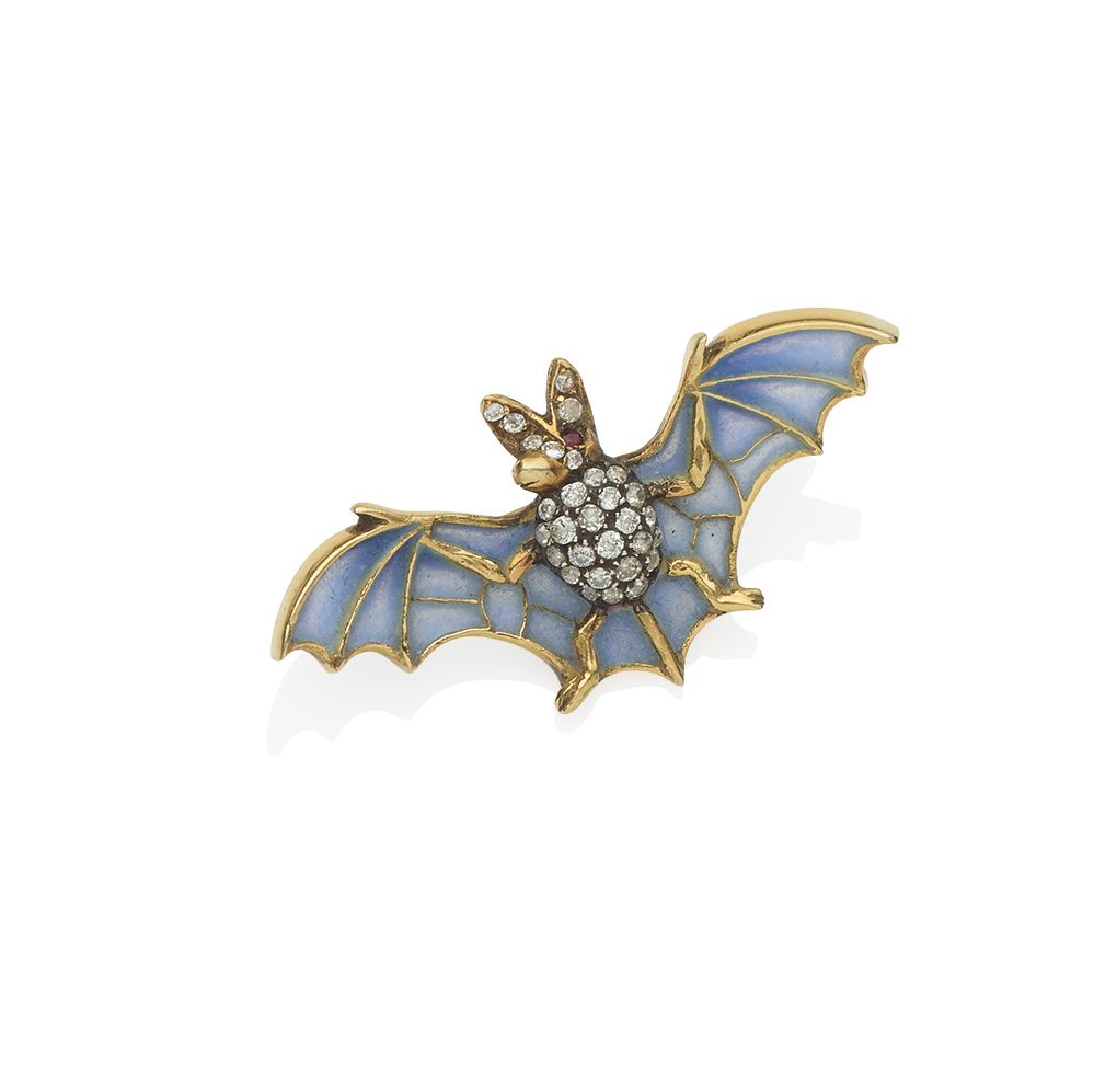 Bonhams : An Art Nouveau enamel, diamond and ruby bat brooch, circa 1900