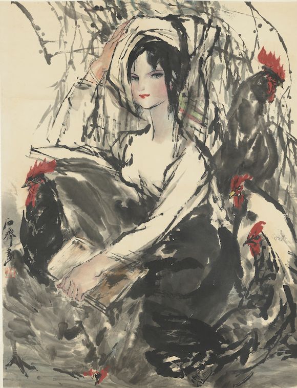 Bonhams : Shi Qi (b.1939) Lady with Roosters