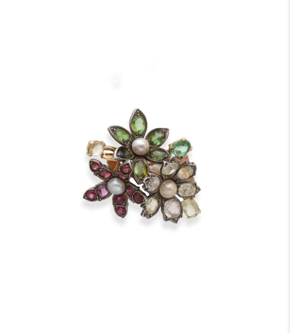 Bonhams : A vari gem-set flower clip brooch