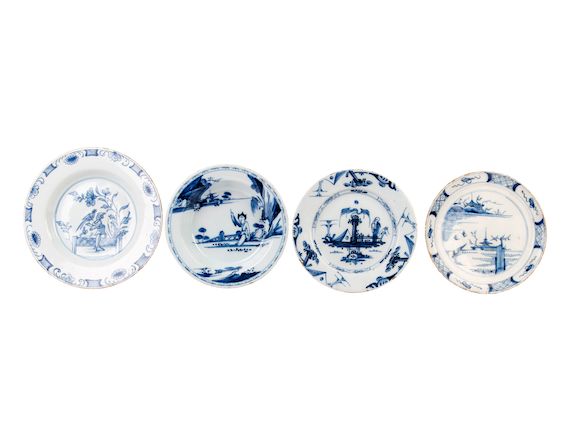 Bonhams : Three English Delftware small plates and a shallow bowl, mid ...