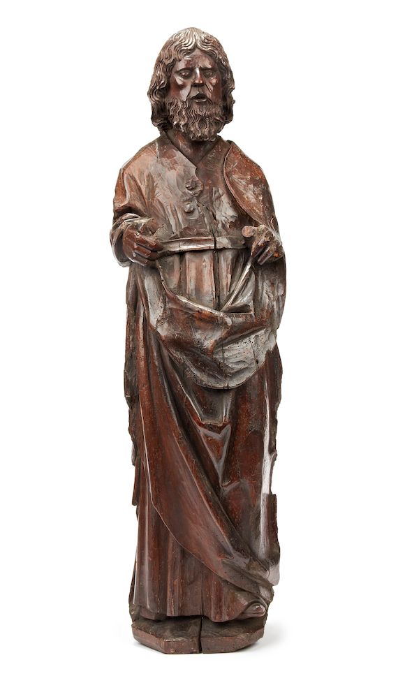 Bonhams : A 16th century carved walnut figure of a male saint, French