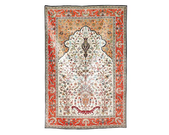 Bonhams : A silk Ghom prayer rug Central Persia, 211cm x 139cm