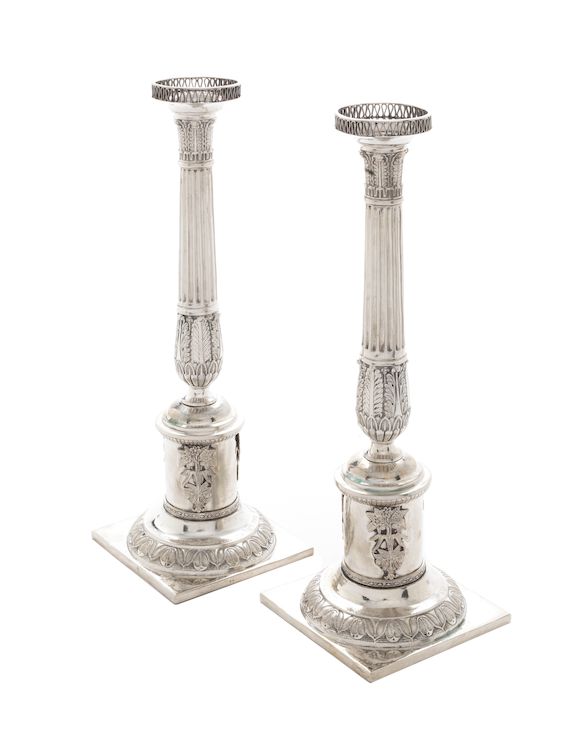 Bonhams : A pair of early 19th century silver candlesticks marked with ...
