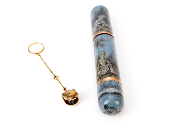 Bonhams : A Vernis Martin lacquer bodkin case and a gilt handkerchief ...