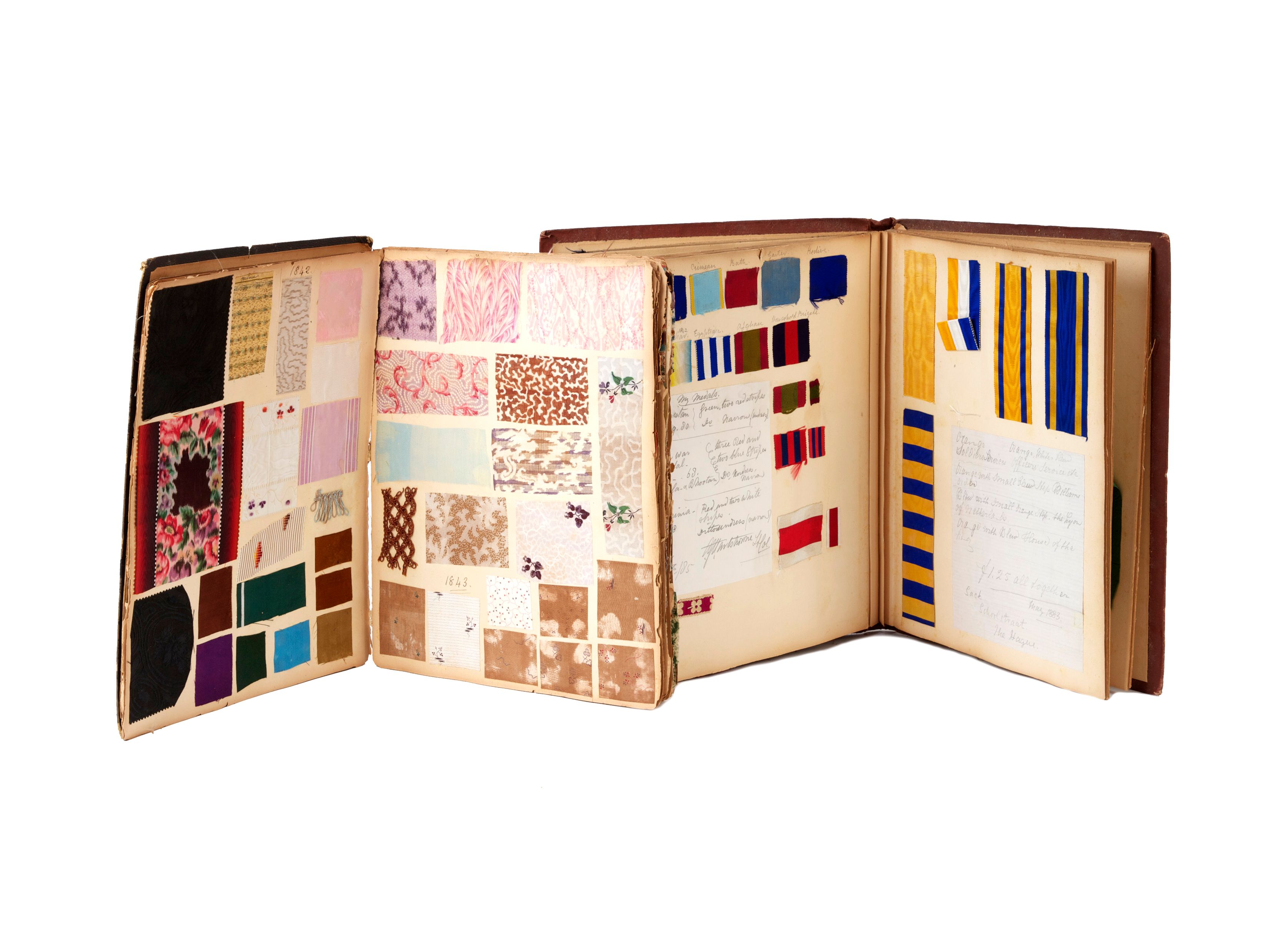 Bonhams : Two albums of textile fragments, some with reputed Royal ...