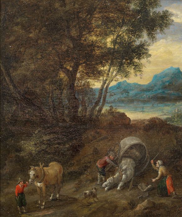 Bonhams : Circle of Jan Brueghel the Younger (Antwerp 1601-1678) Figures and a wagon on a path ...