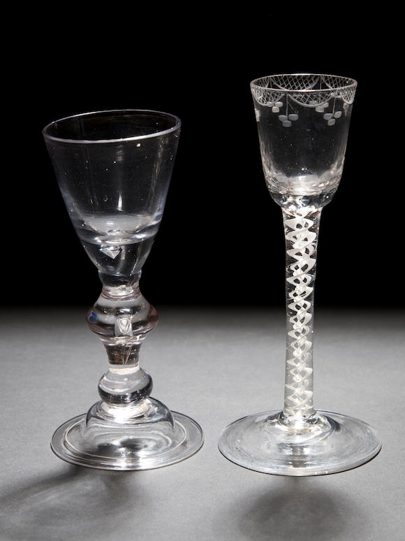 Bonhams A Baluster Wine Glass And A Opaque Twist Cordial Glass Circa
